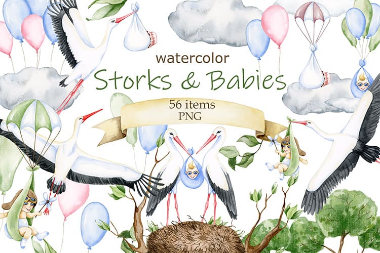 Watercolor Newborn Clipart Set – Storks, Babies & Nursery Elements (56 ...