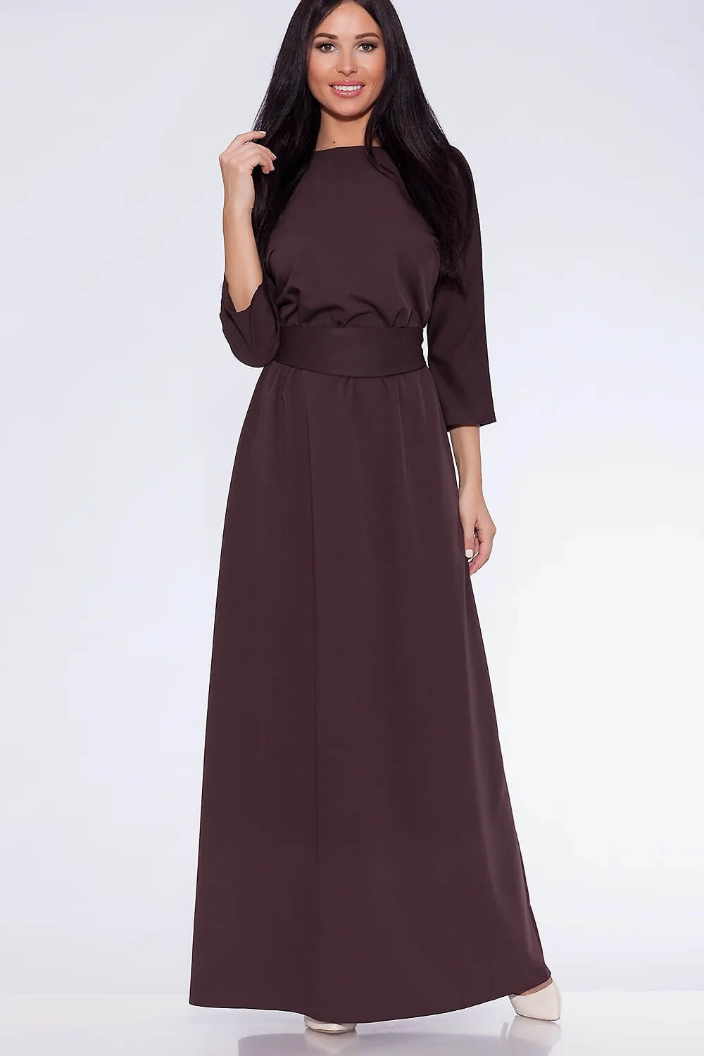 Платье в пол приталенное шоколадного цвета