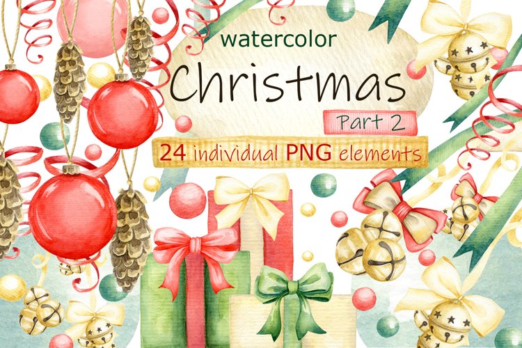 Merry Christmas watercolor clipart New Year bells PNG Winter