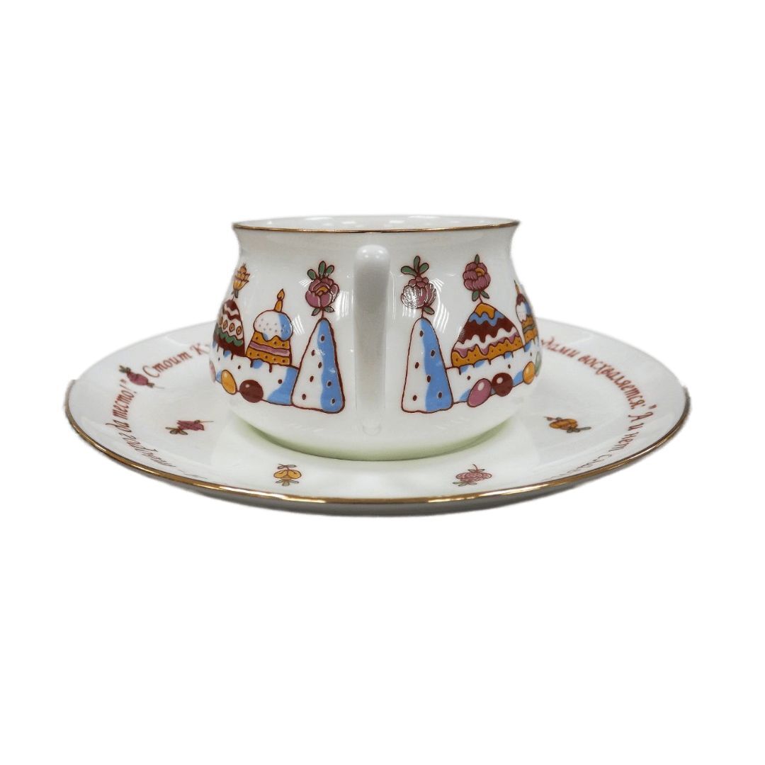 Чашка с блюдцем, форма Билибина, рисунок "Кулич-город"