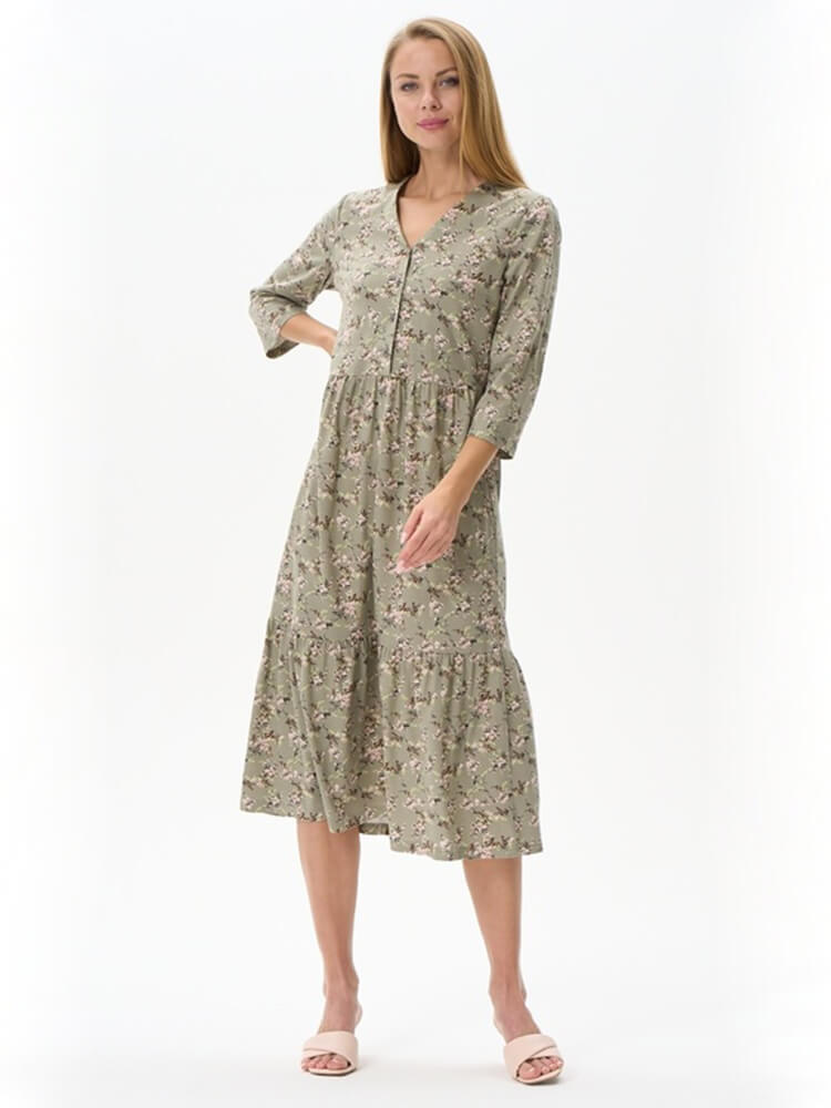 Платье хлопковое ярусное оливковое на пуговицах