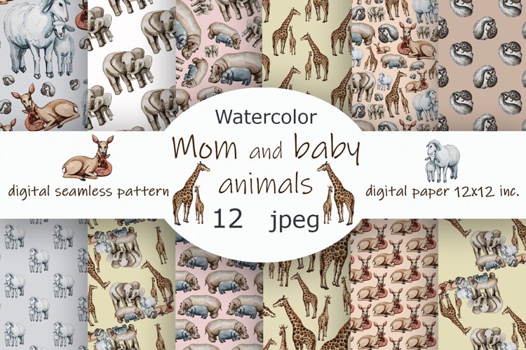 Mom and Baby animal digital paper Nursery seamless pattern