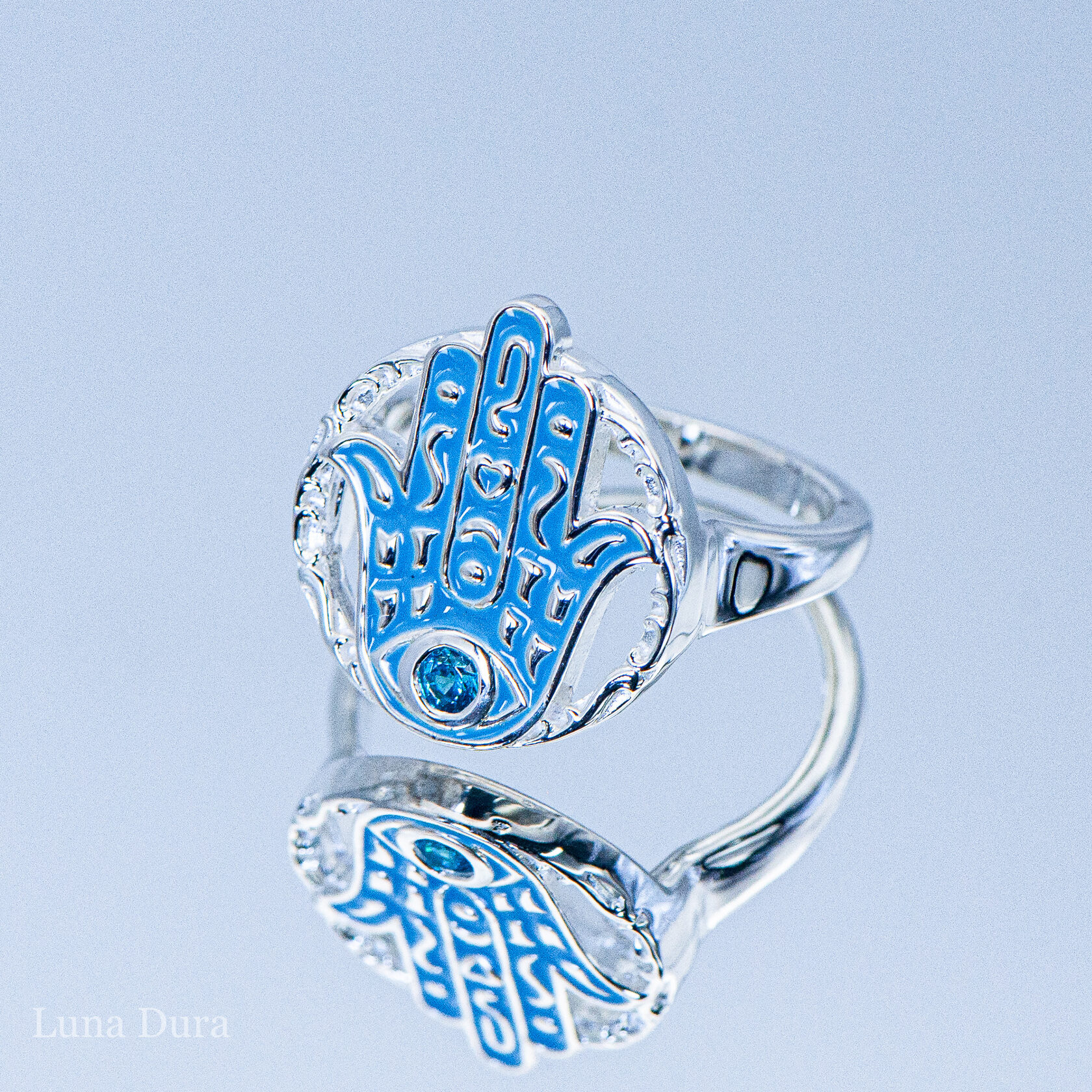 Azure Guardian: Silver Hamsa Ring Dubai | Blue Topaz Enamel