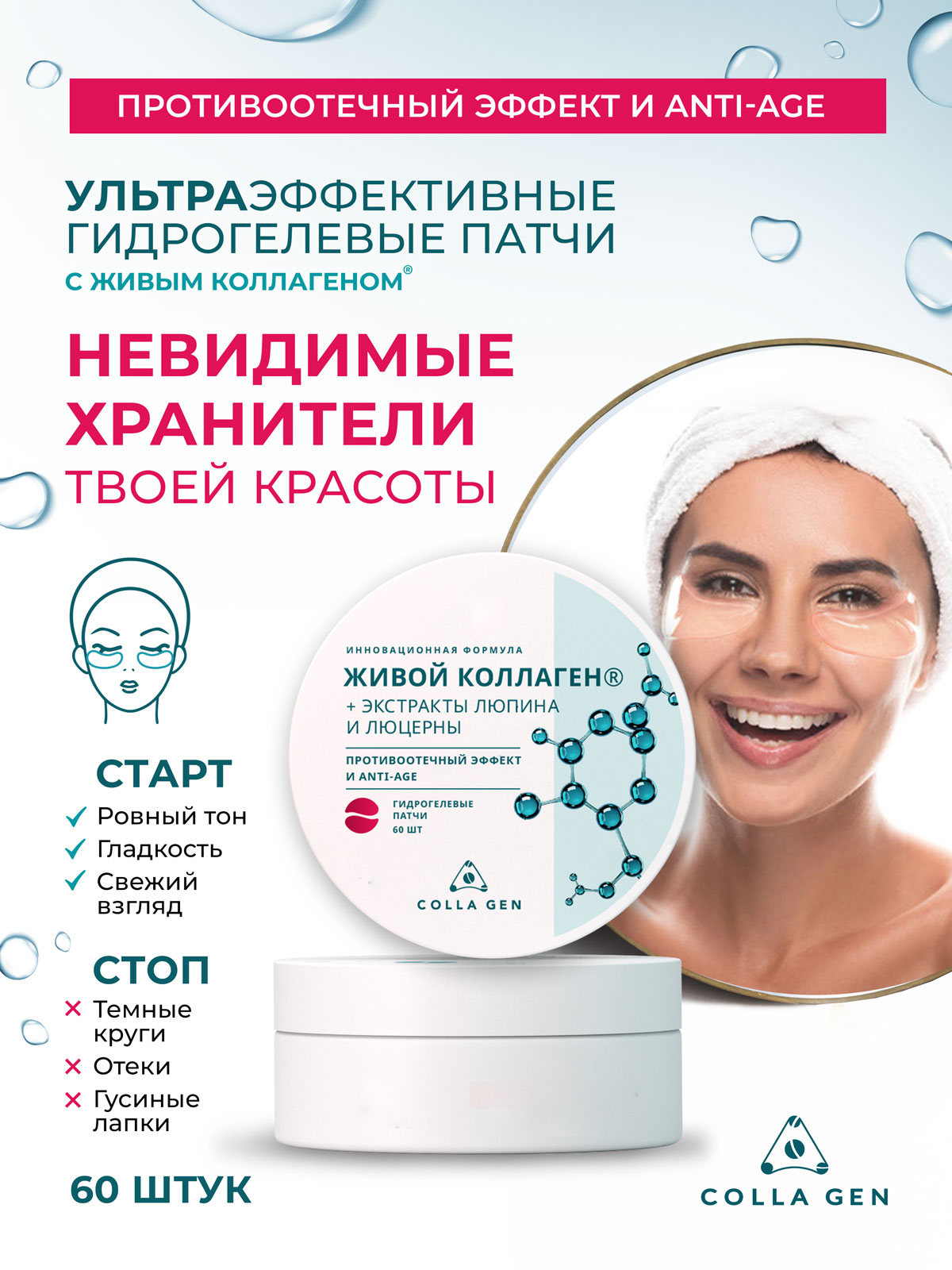 Гидрогелевые патчи. Противоотечный эффект и anti-age, 60 шт - COLLA GEN