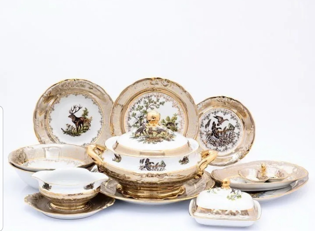 Сервиз столовый 28 пр.,на 6 персон,янтарная охота,Чехия,ROYAL CZ,ручная ...