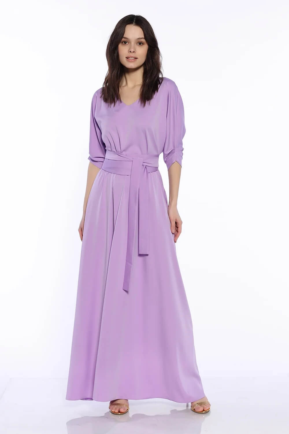 Платье в пол с поясом сиреневое