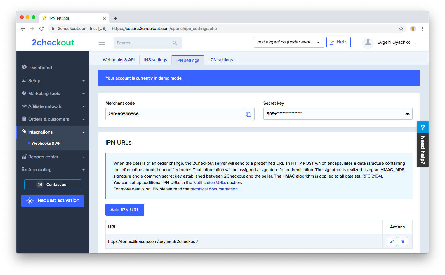 Интеграция с платежной системой 2Checkout