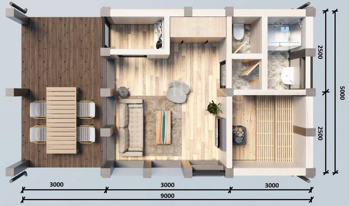 Баня в стиле фахверк с комнатой отдыха и террасой 5 на 9 м BFW11