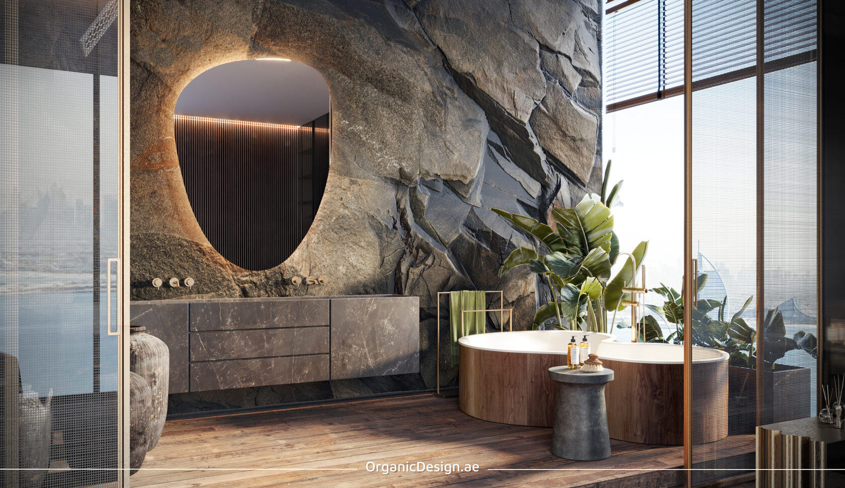 Imitation rock on the wall. Concrete artificial rocks.