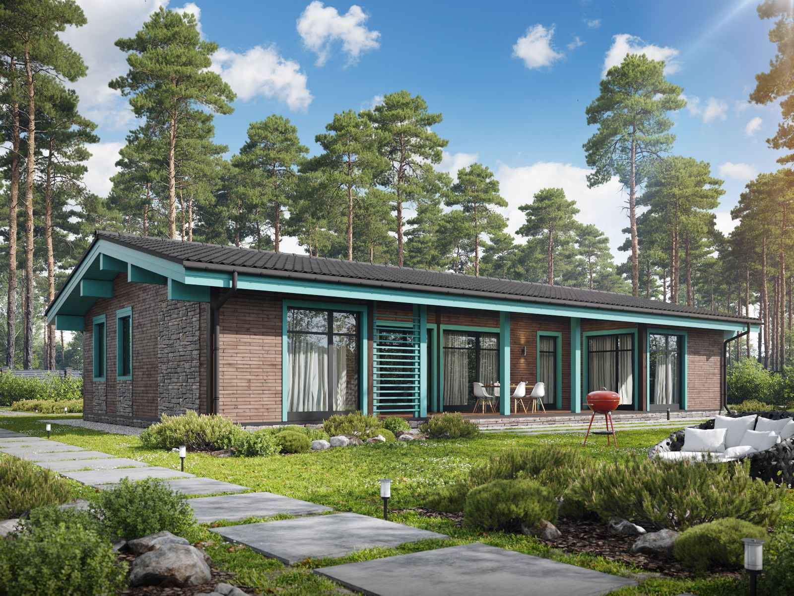 САНДАЛ 173 - Проект одноэтажного деревянного дома с террасой, площадь - 173,1 м2 (9 на 21), 3 ...