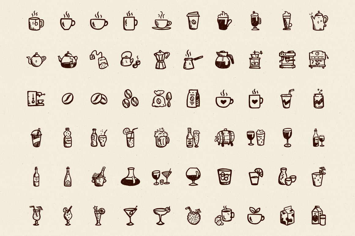 60 Hand-Drawn Drinks Icons