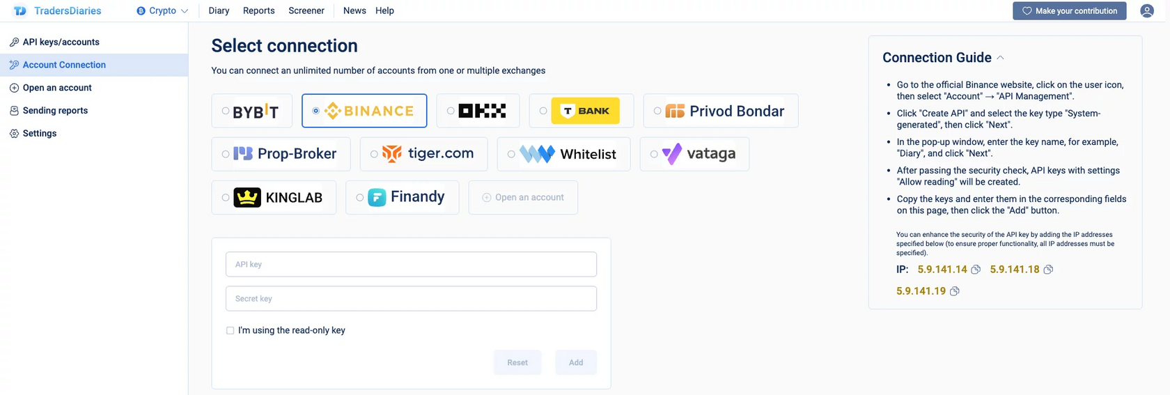Connect Binance, Bybit, MEXC, Bitget, BingX and OKX to the Traders Diary