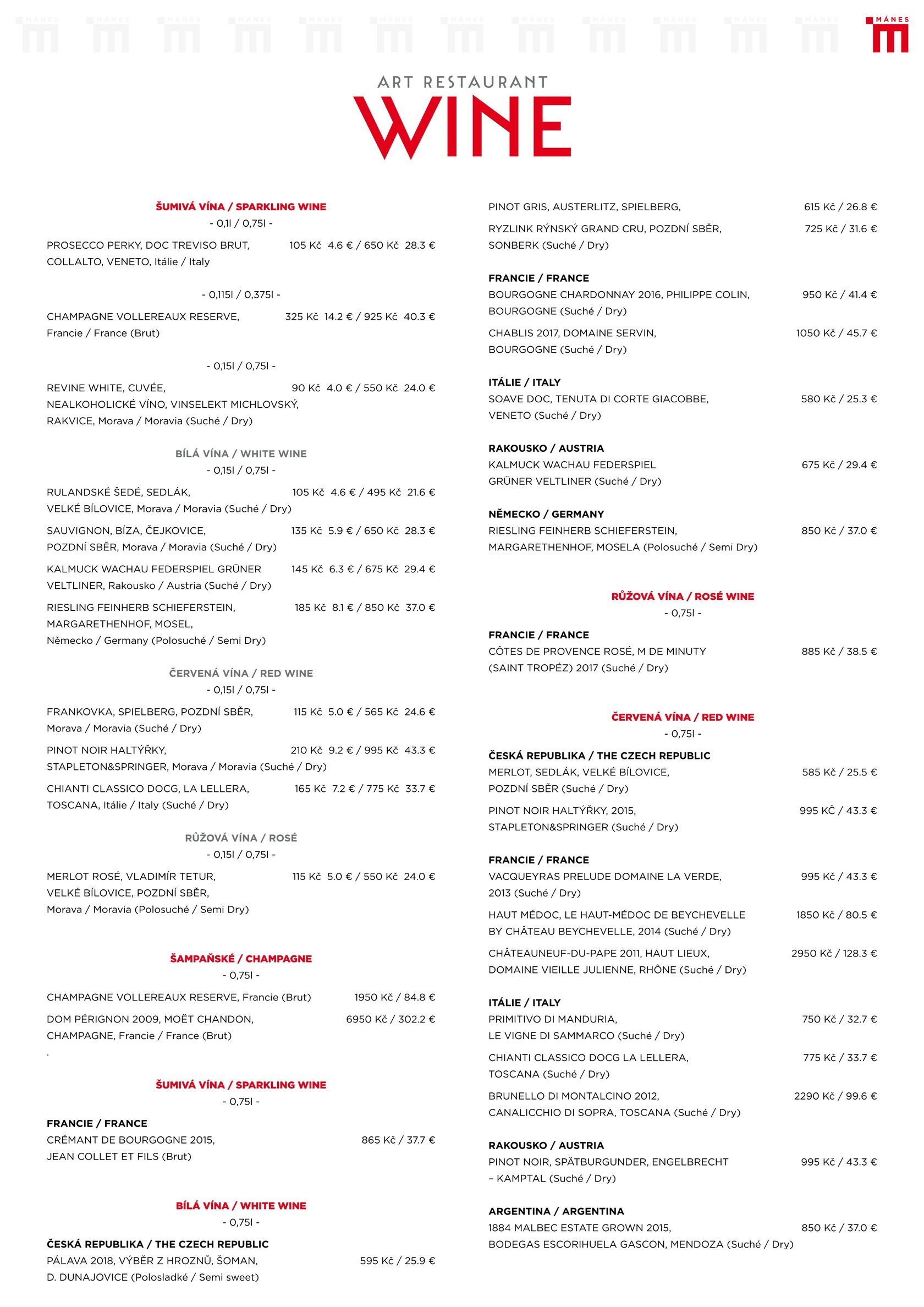 Vinný lístek - Art Restaurant Mánes