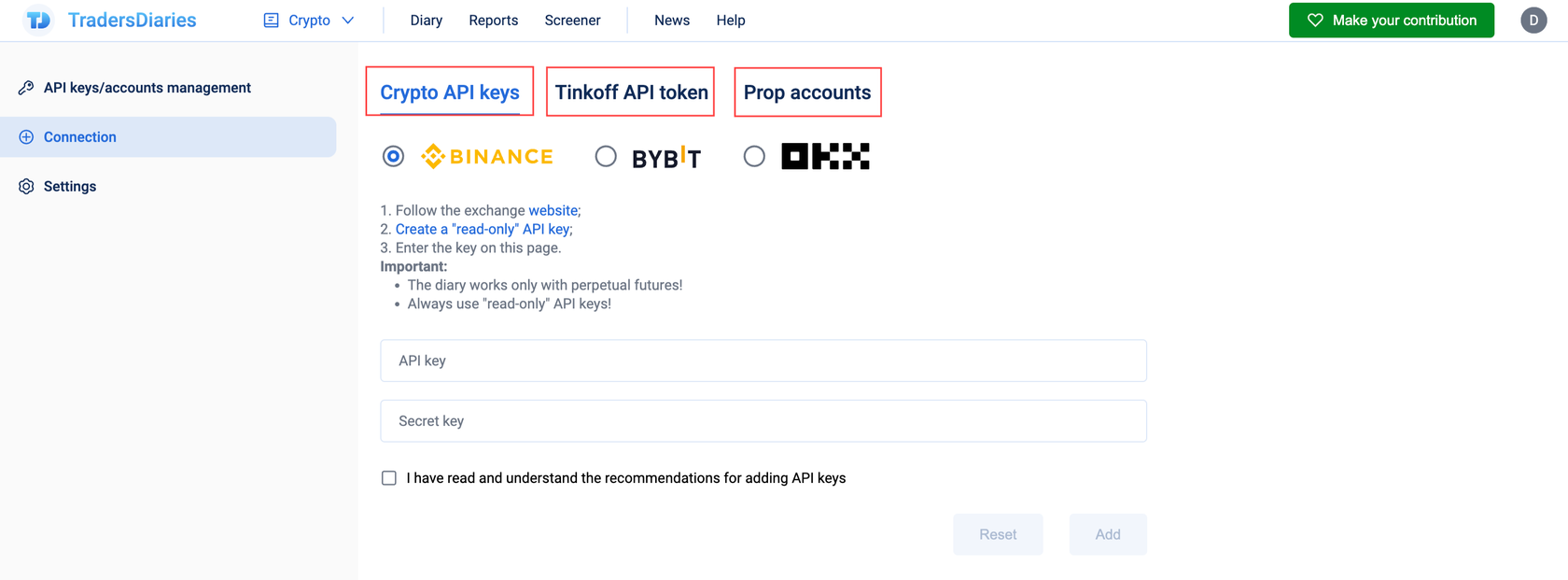Quick start. Connecting to Binance.