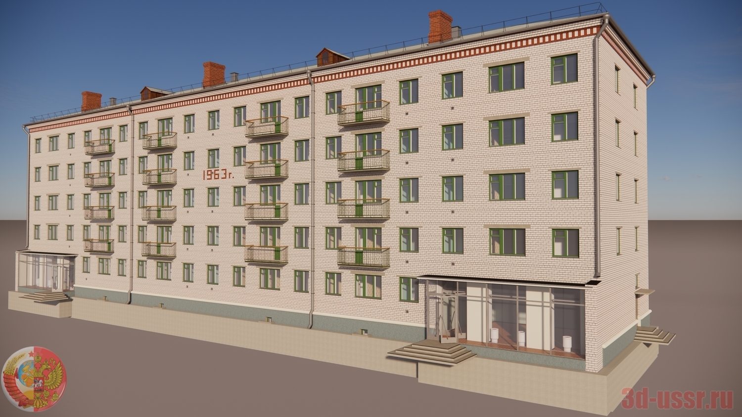 Пятиэтажная хрущёвка 1-447С-8 с магазинами 3d-модель