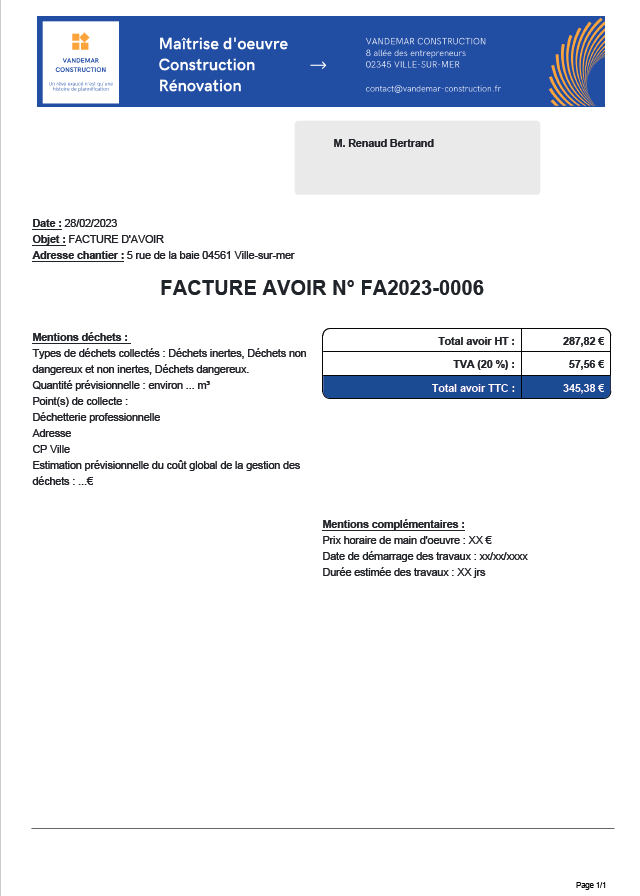Comment éditer une facture d'avoir dans le BTP