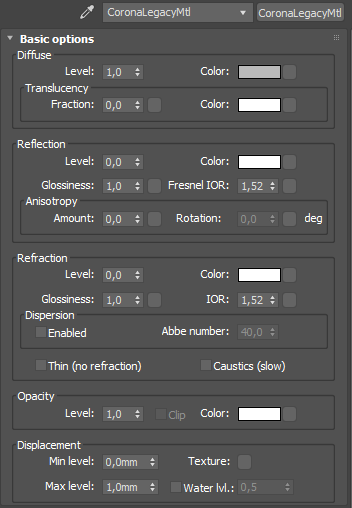 Базовые параметры материала Corona Physical Mtl