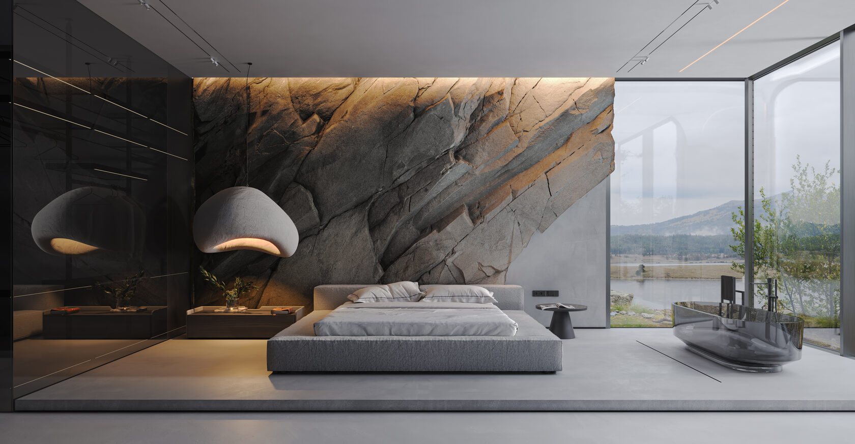 Imitation rock on the wall. Concrete artificial rocks.