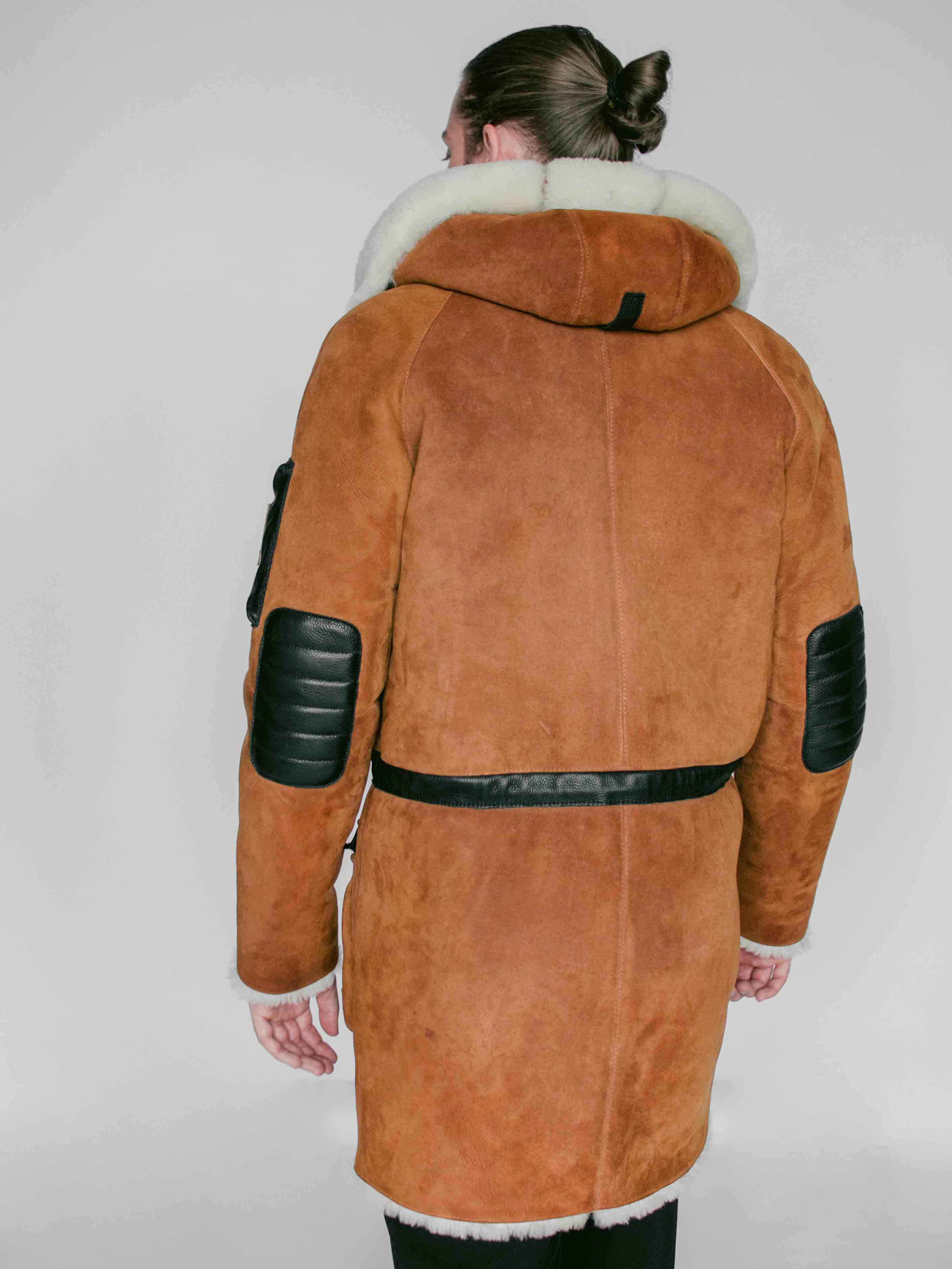 Купить мужскую дубленку парку из рыжей замши