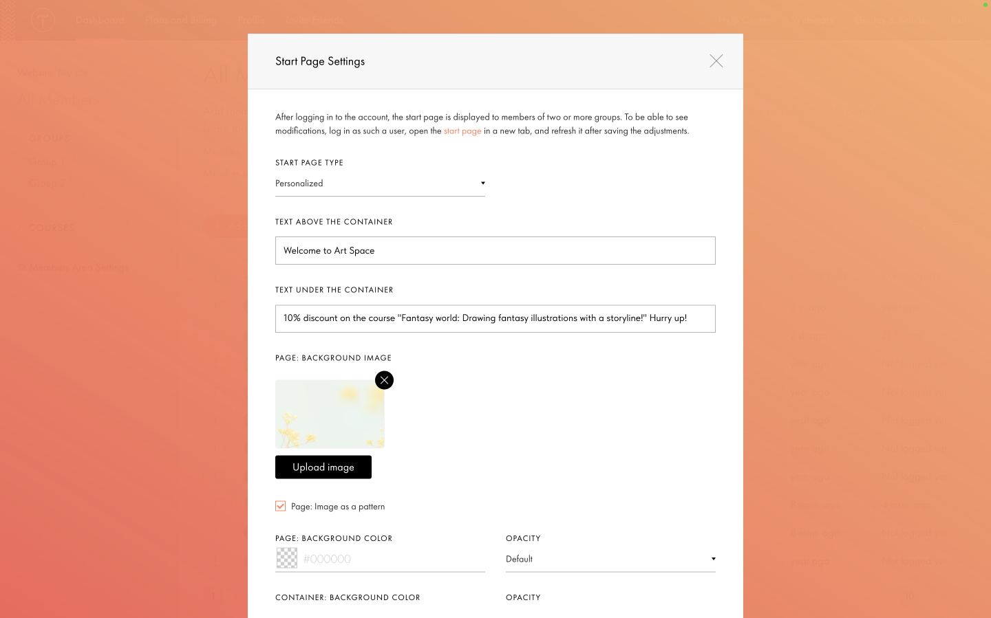 Start Page Custom Design in Members Area