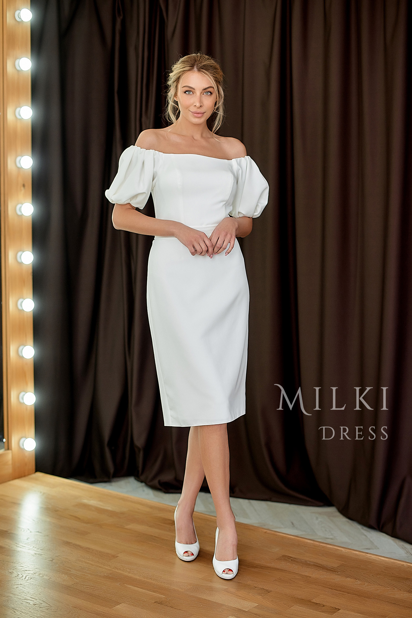 Свадебное платье Jasmine с открытыми плечами миди купить в спб | Milki ...