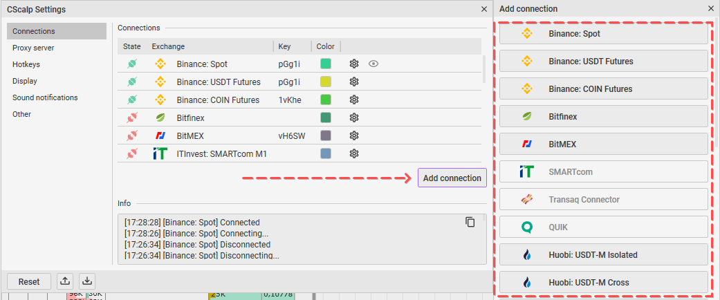 Connections tab settings
