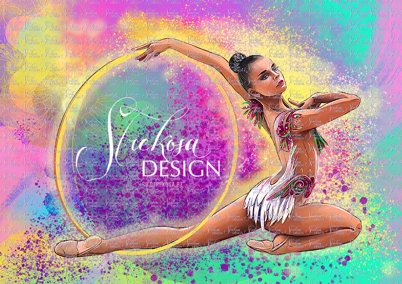 Красочная Грация: Гимнастка с Обручем на Фоне Радужных Цветов.