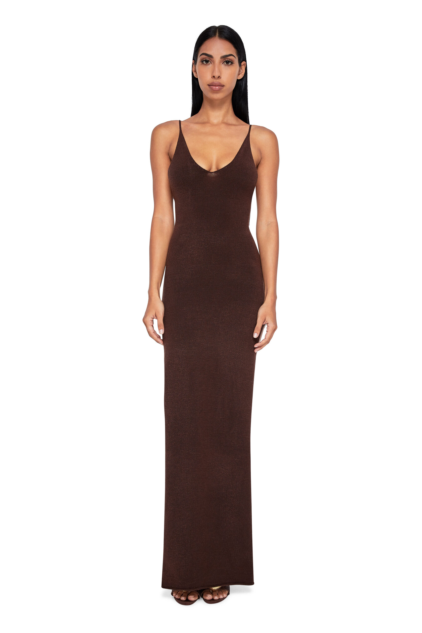 ТРИКОТАЖНОЕ МАКСИ ПЛАТЬЕ С ДВУМЯ ВЫСОКИМИ РАЗРЕЗАМИ И ОТКРЫТОЙ СПИНОЙ ...