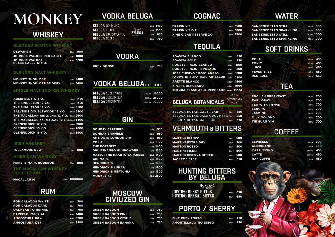 MONKEY MOSCOW. MENU