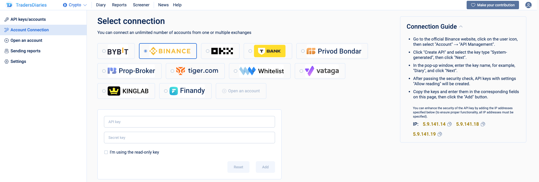 Quick start. Connecting to Binance.