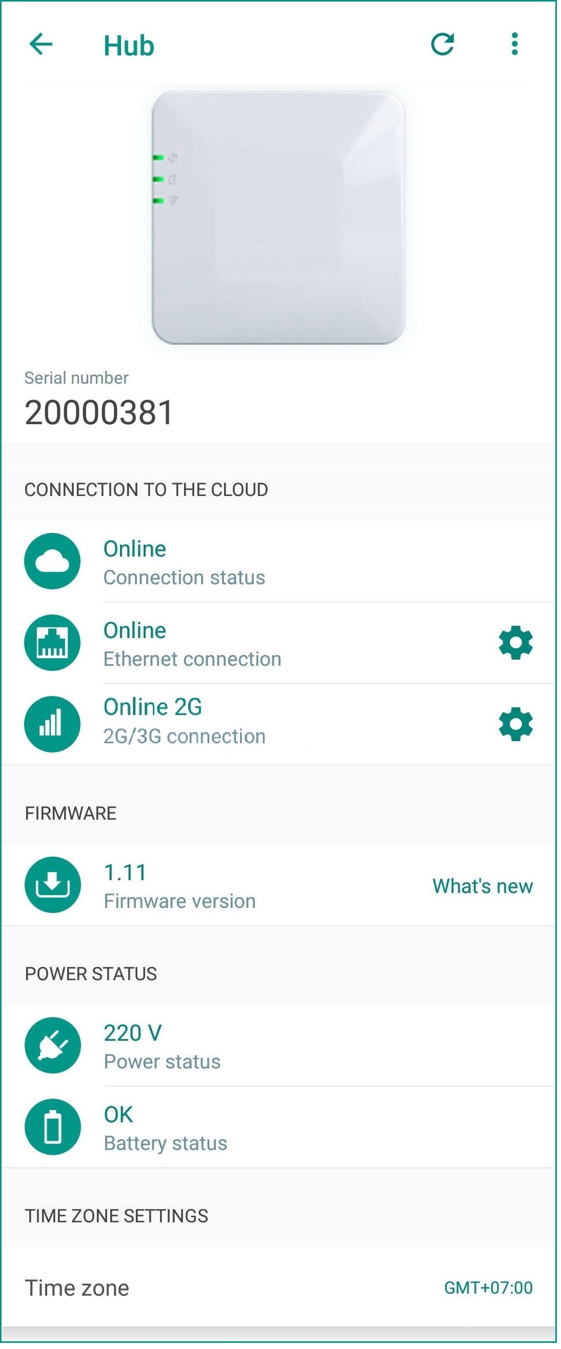 Hub settings screen in the app