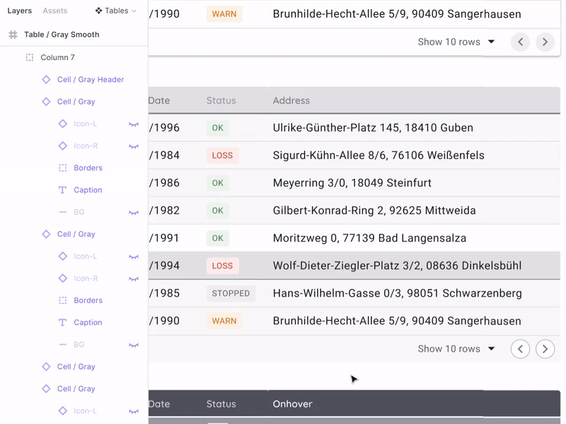 React Tables UI for a design system in Figma