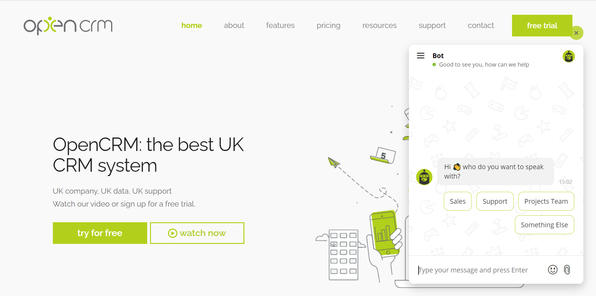 Chatbot example on opencrm.co.uk