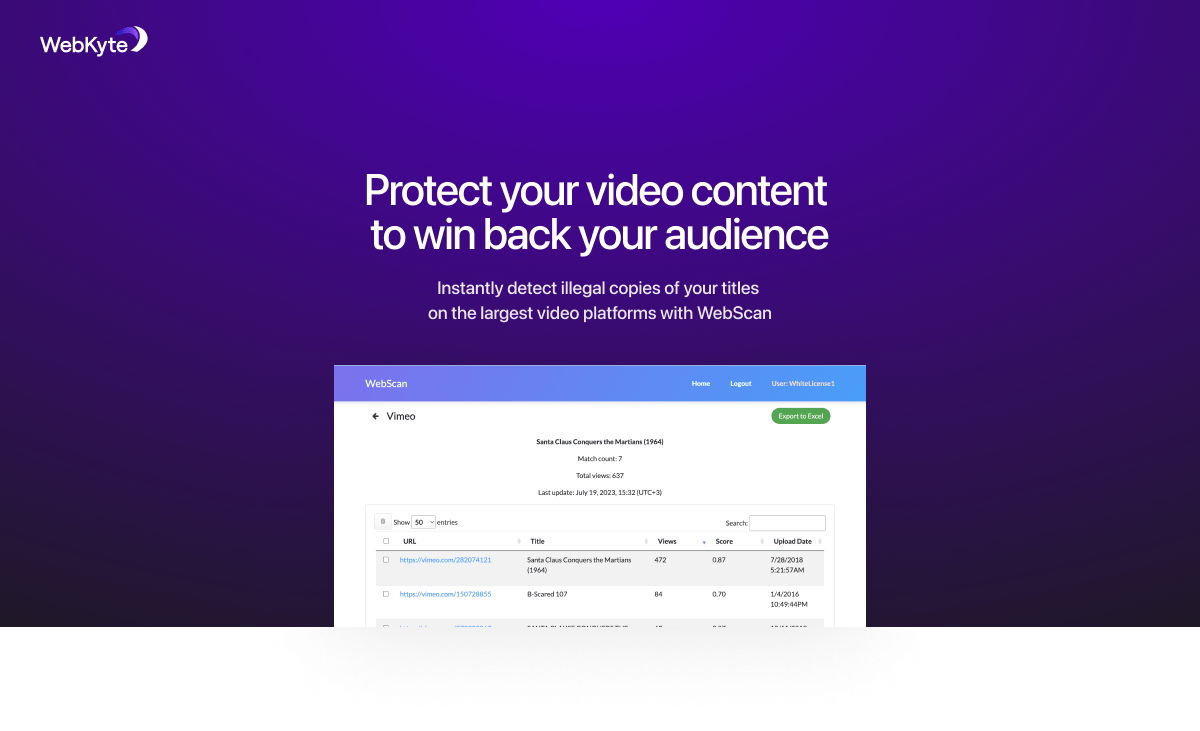 Automatically detect illegal copies of your video content | WebScan by WebKyte