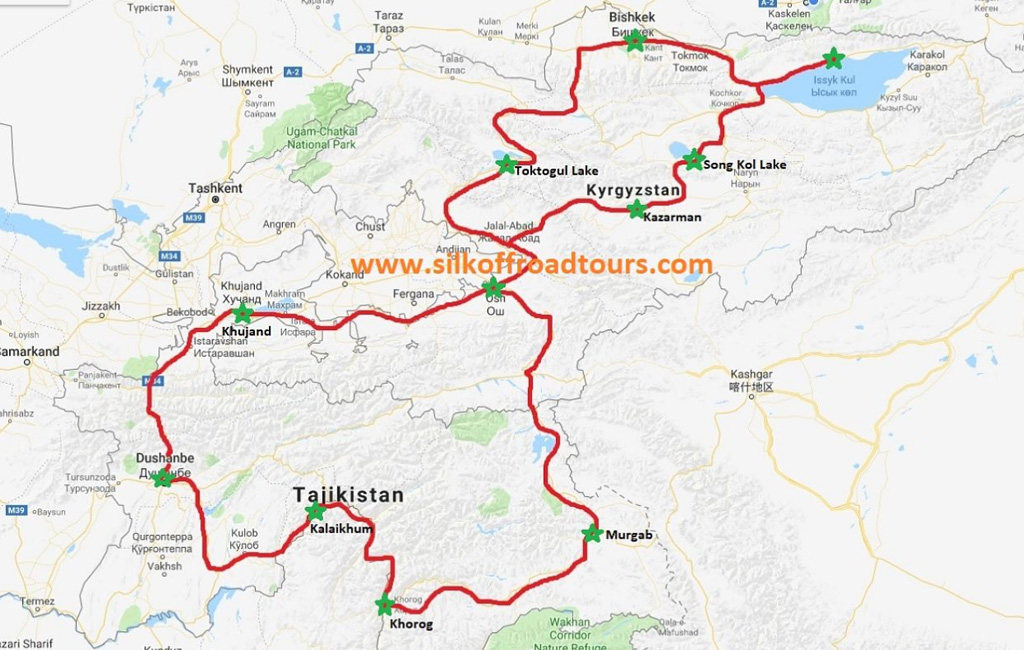 Motorcycle tour along the mountain roads of Pamir and Tien Shan.