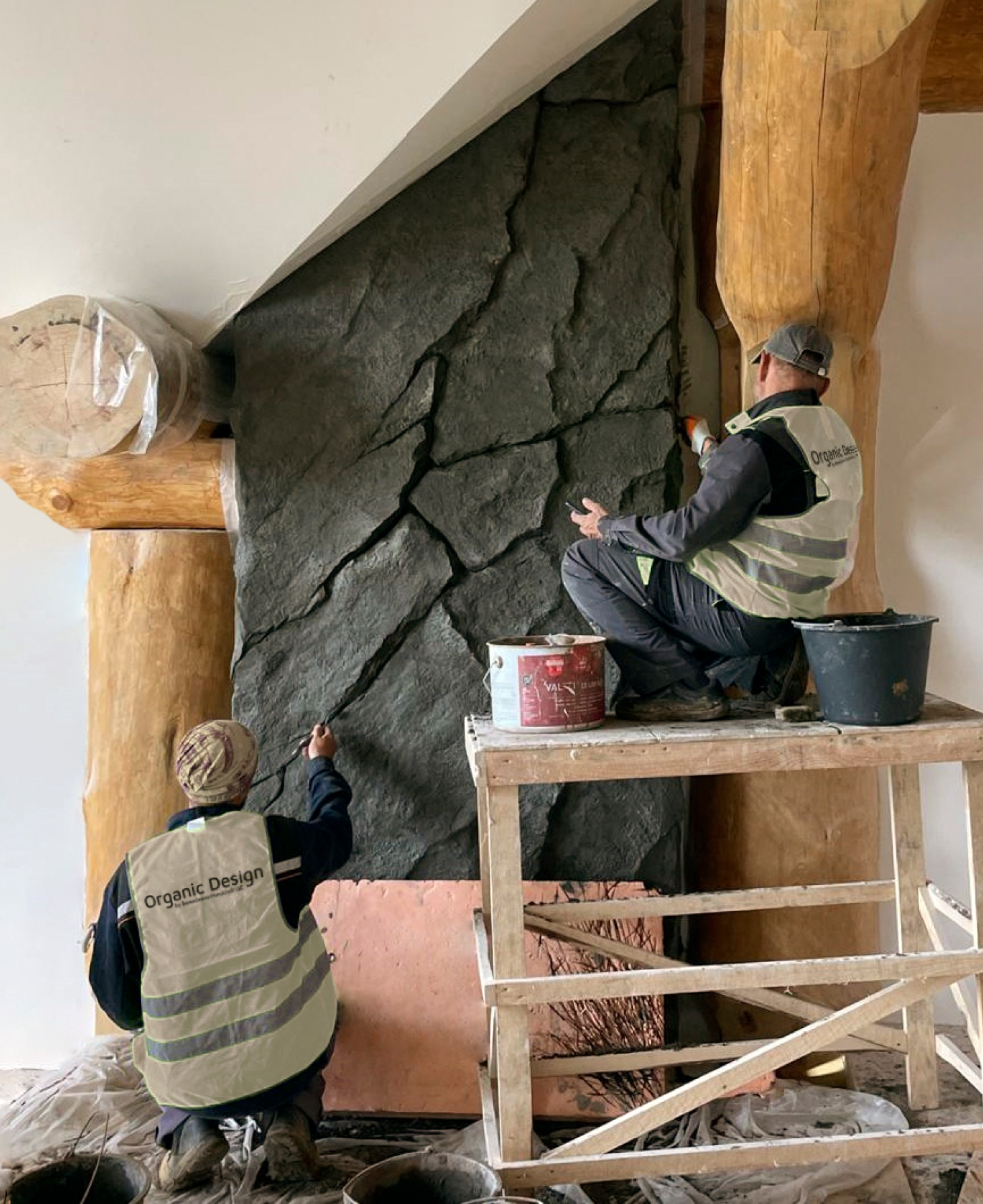 Imitation rock on the wall. Concrete artificial rocks.