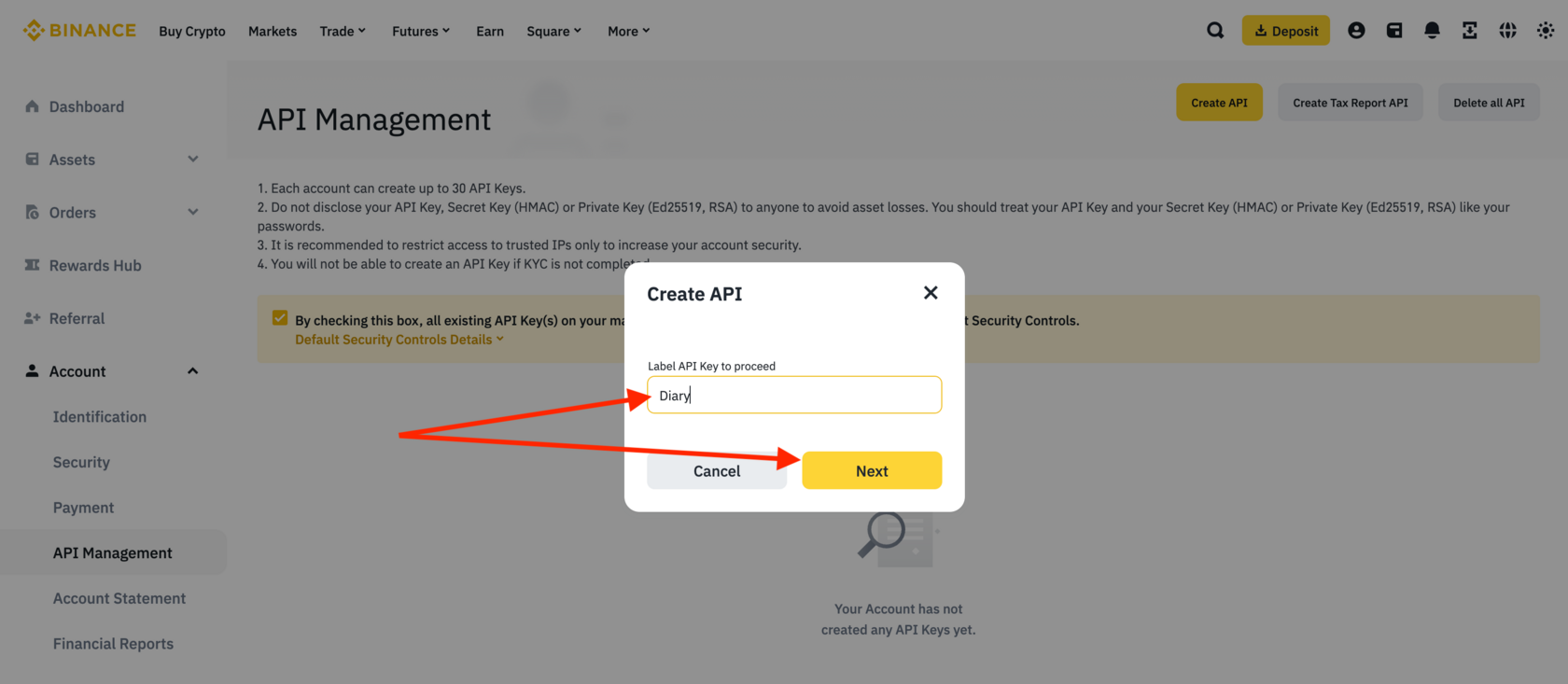 Quick start. Connecting to Binance.