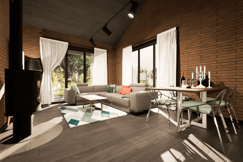 ШЕРМАН 112 - Проект одноэтажного деревянного дома с террасой, площадь - 112,2 м2 (10 на 14), 2 ...