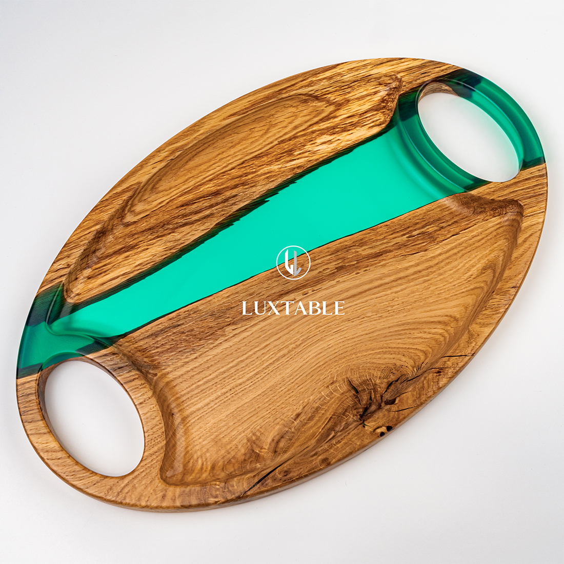 Vassoio in legno del rovere antico e resina sublime verde acqua