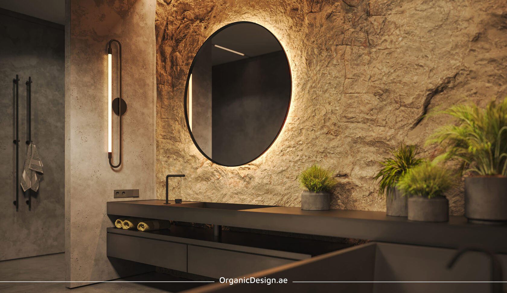 Imitation rock on the wall. Concrete artificial rocks.