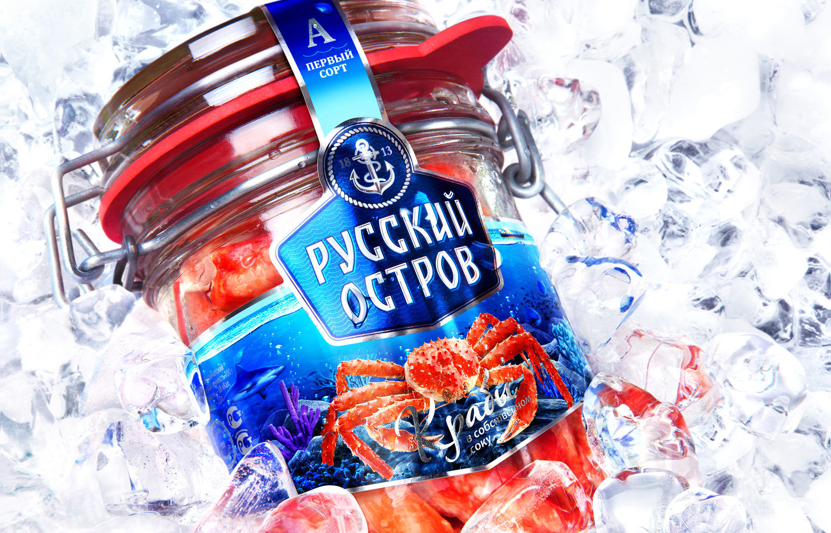 Label design for chilled crabs in glass jars RUSSIAN OSTROV