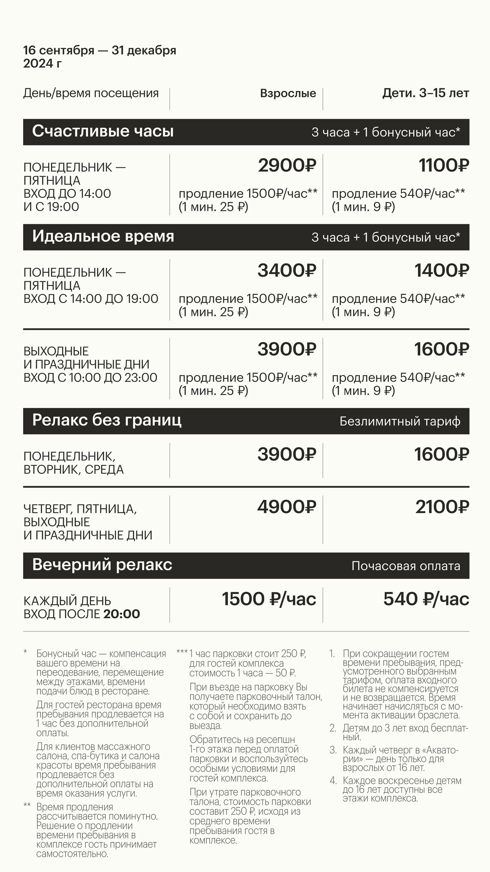 Aquatoria. Тарифы