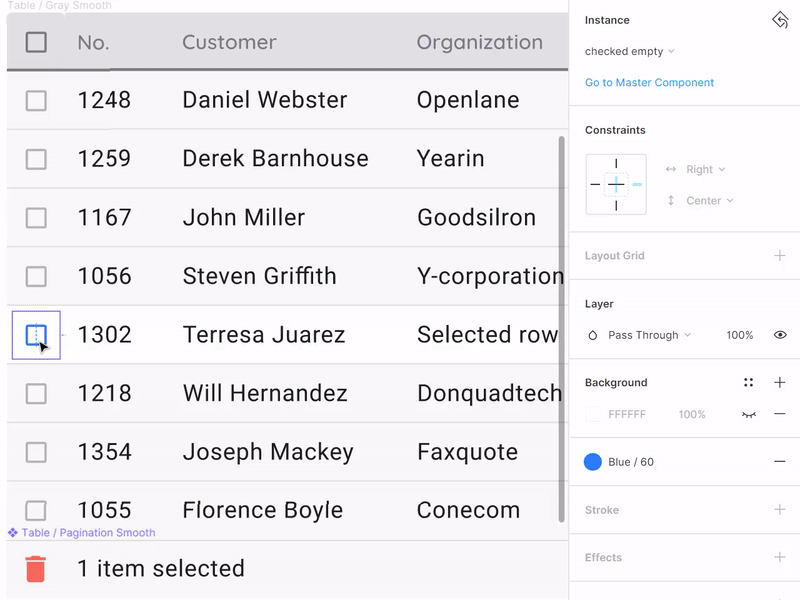 React Tables UI for a design system in Figma