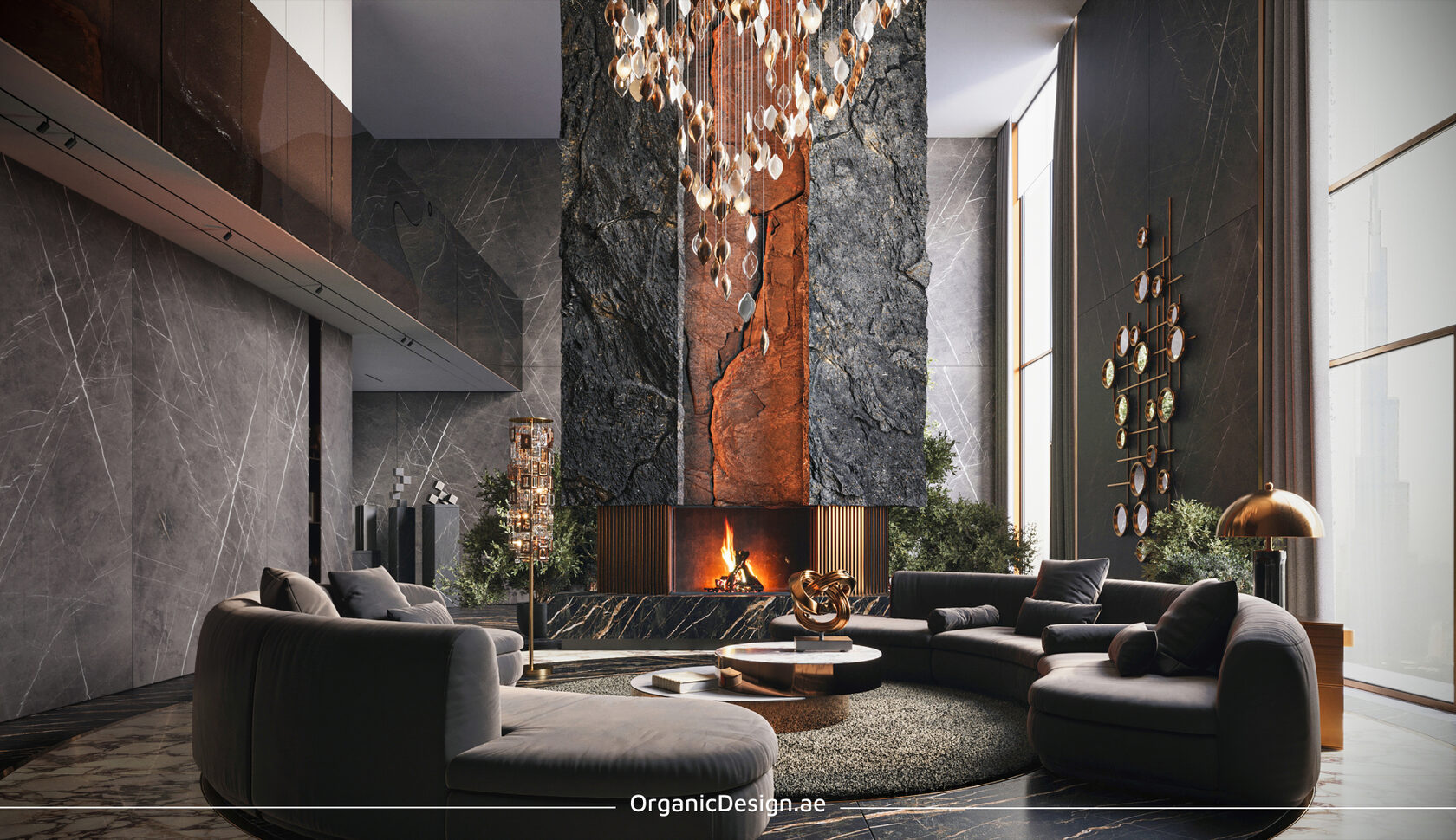 Imitation rock on the wall. Concrete artificial rocks.