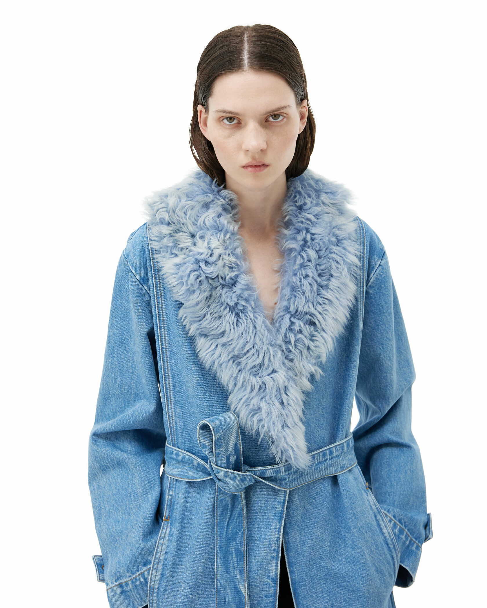 DENIM TRENCH WITH DETACHED FUR COLLAR IN BLUE
