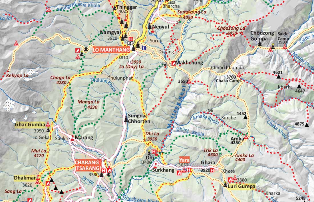 Подробная карта Верхнего Мустанга — Ло-Мантанг, перевалы, тропы