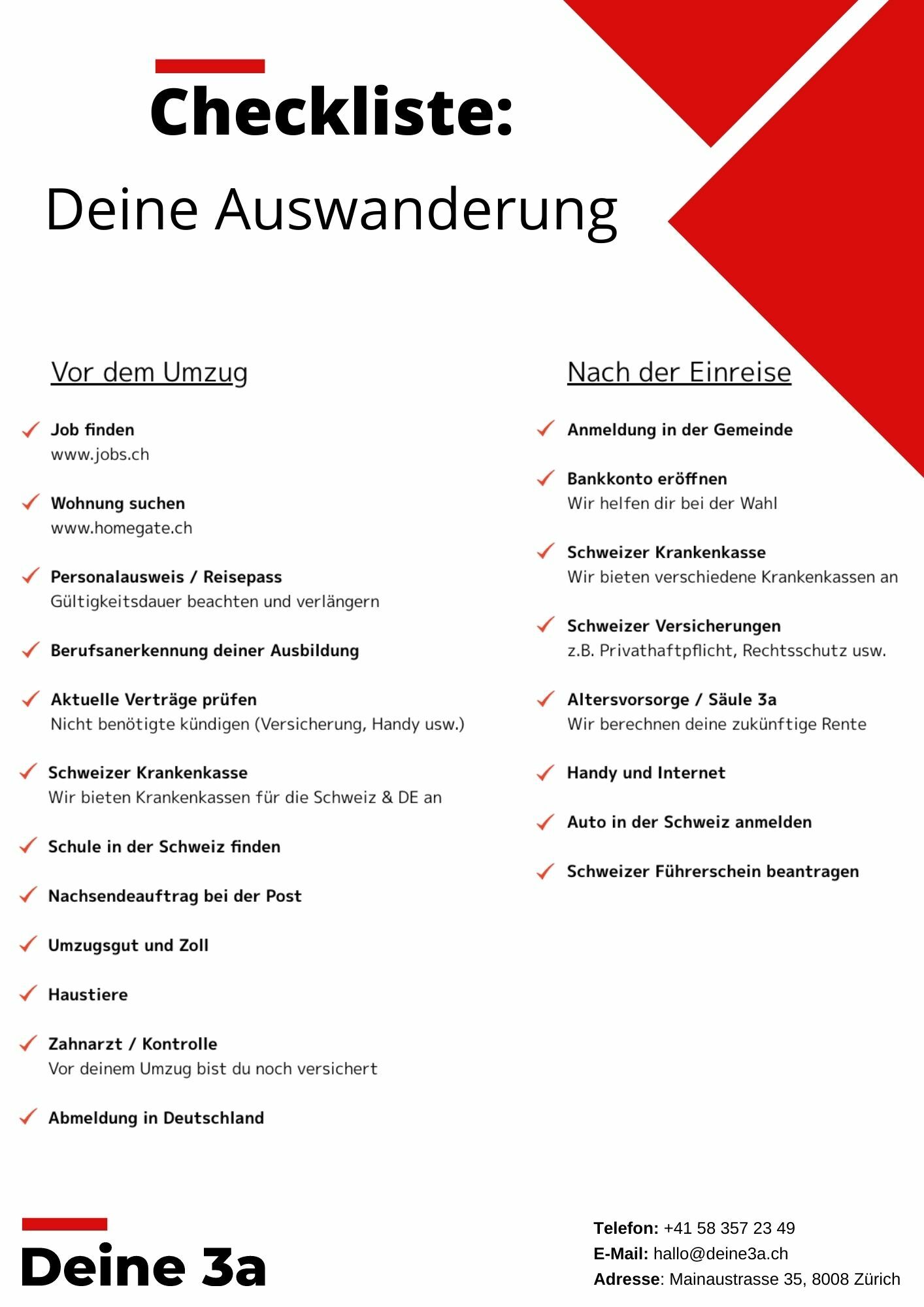 Checkliste | Auswandern Schweiz | Deine3a