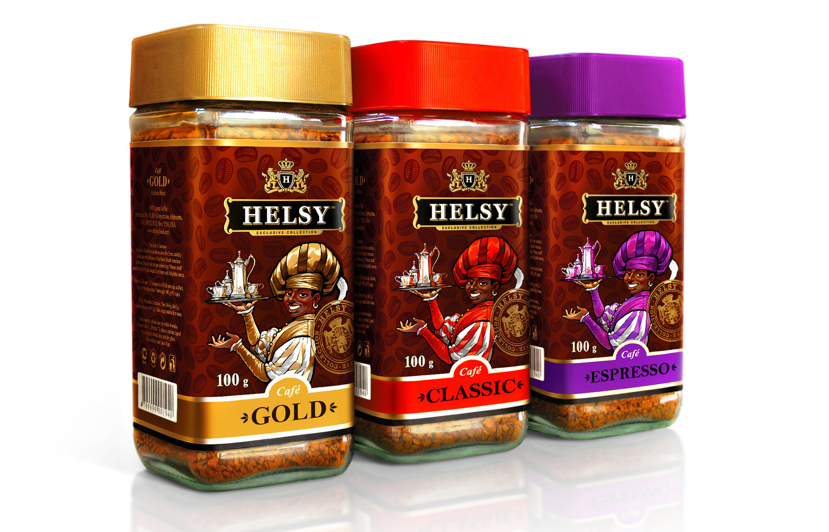 Label design for granulated coffee in glass jars HELSY