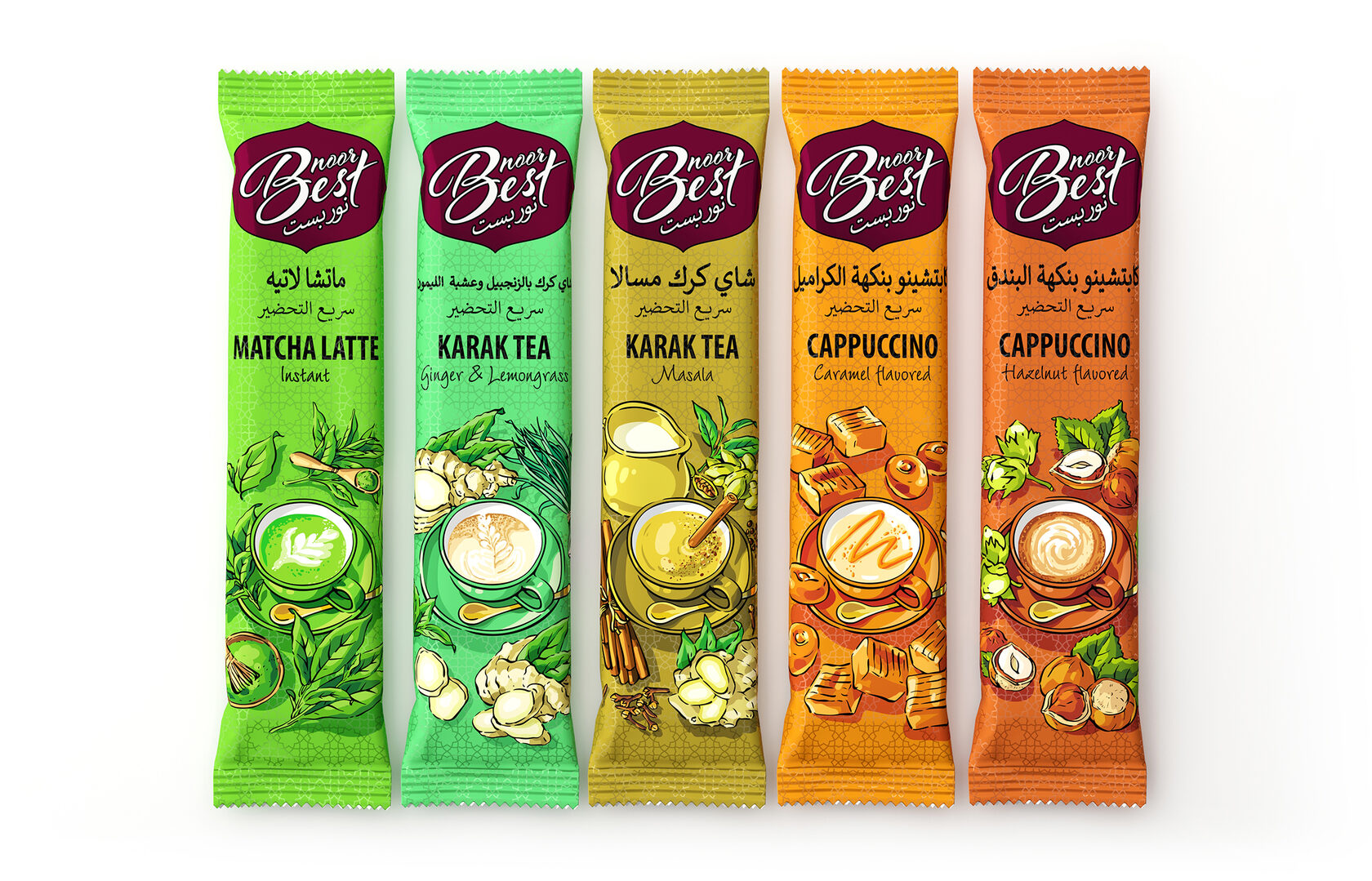 Design of instant drinks in cardboard and sachet packaging NOOR BEST