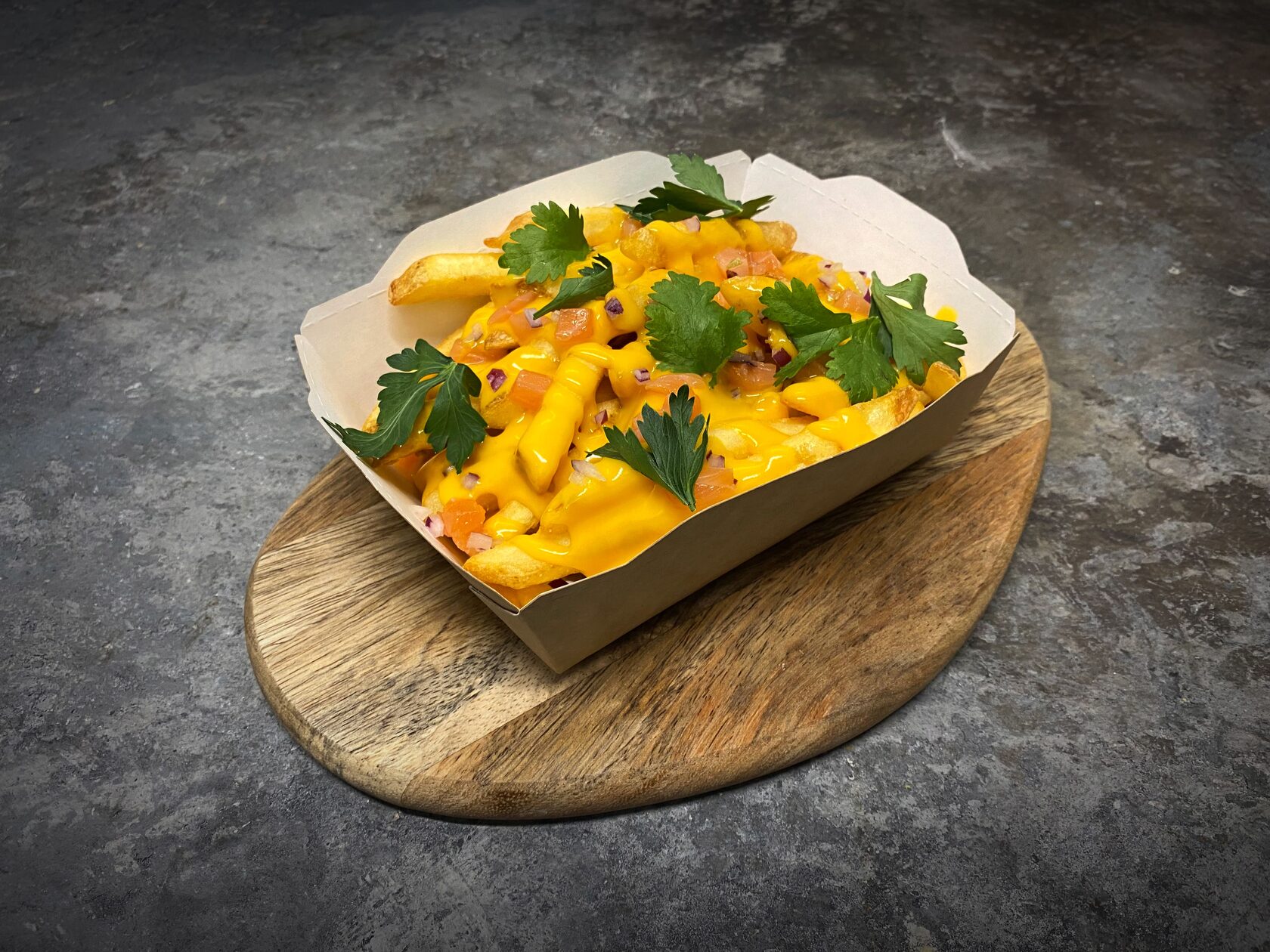 “Loaded fries” with “Smoked Cheddar” Topping and Salmon